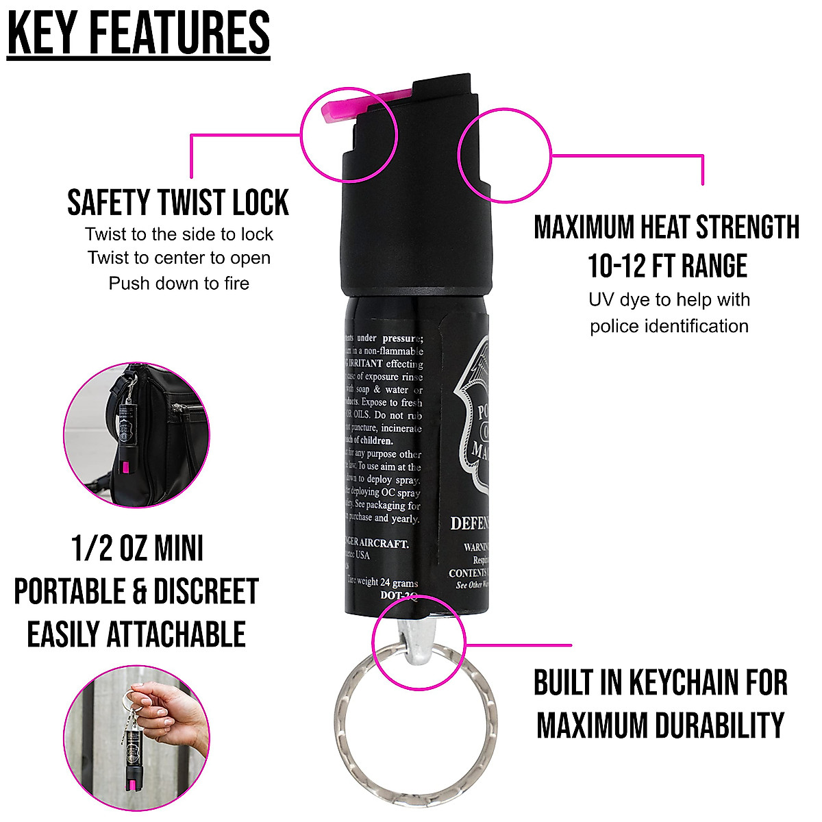 POLICE MAGNUM Mini Pepper Spray Bulk Pack- Max Heat Strength- Made in The USA - 1/2oz Twist Lock Keyrings (20 Hot Pink) Half Ounce