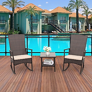 Outdoor PE Wicker Porch Rocking Chair 3 Piece Patio Bistro Set Garden Conversation Furniture Brown Rattan with Glass Coffee Table, Khaki Cushion