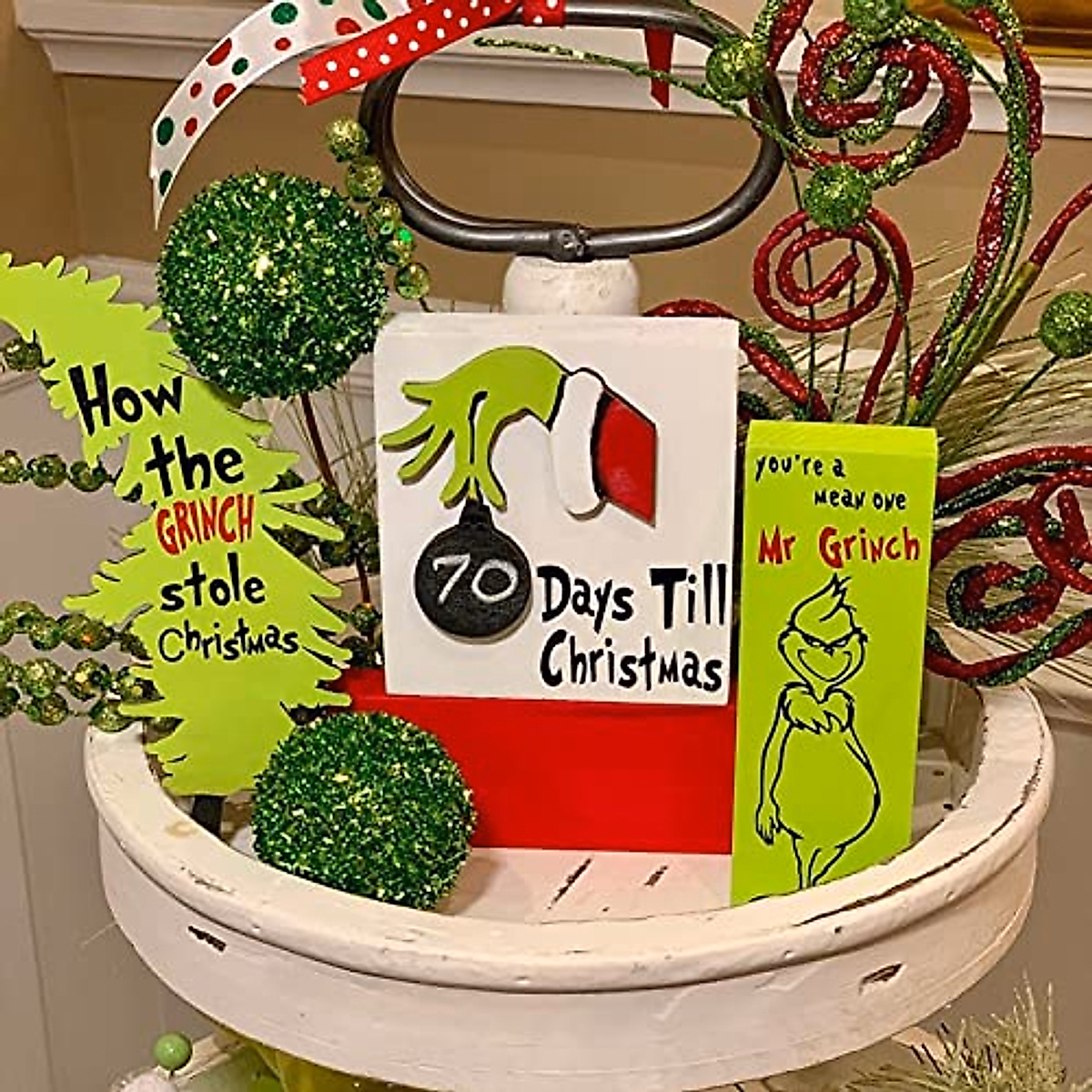 Grinch Tiered Tray Decor,Farmhouse Tiered Tray Decor, Christmas Tiered Tray Decoration,Green Christmas Tree Grinch Wooden Signs Decorations