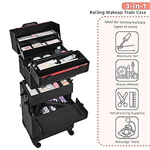 Yaheetech Makeup Train Case 3 in 1 Professional Cosmetic Trolley Multi-Functional Organizers Large Storage Traveling Cart Trunk for Nail Tech - Black