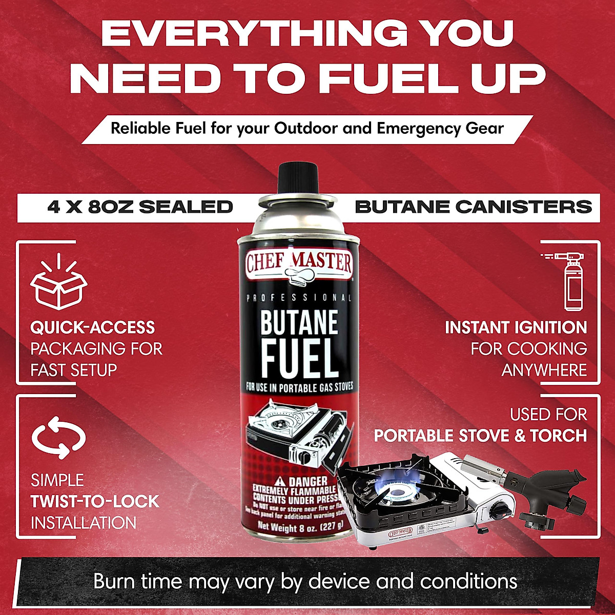 Chef Master 90340 | Pack of 4 Butane Fuel Cylinders| 8oz Butane Canisters for Portable Stove | Butane Torch Replacement Canisters