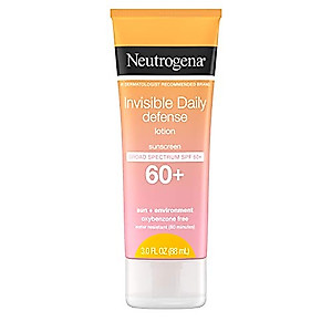 Neutrogena Invisible Daily Sunscreen Lotion, Broad Spectrum SPF 60+, Oxybenzone-Free & Water-Resistant, Sun or Environmental Aggressor Protection, Antioxidant, 3 Fl Oz (Pack of 1)