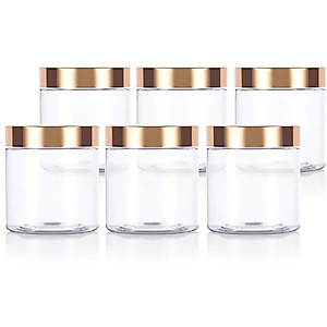 8 oz / 240 ml Clear PET Plastic Refillable Jar with Luxury Gold Metal Overshell Lid (6 Pack)