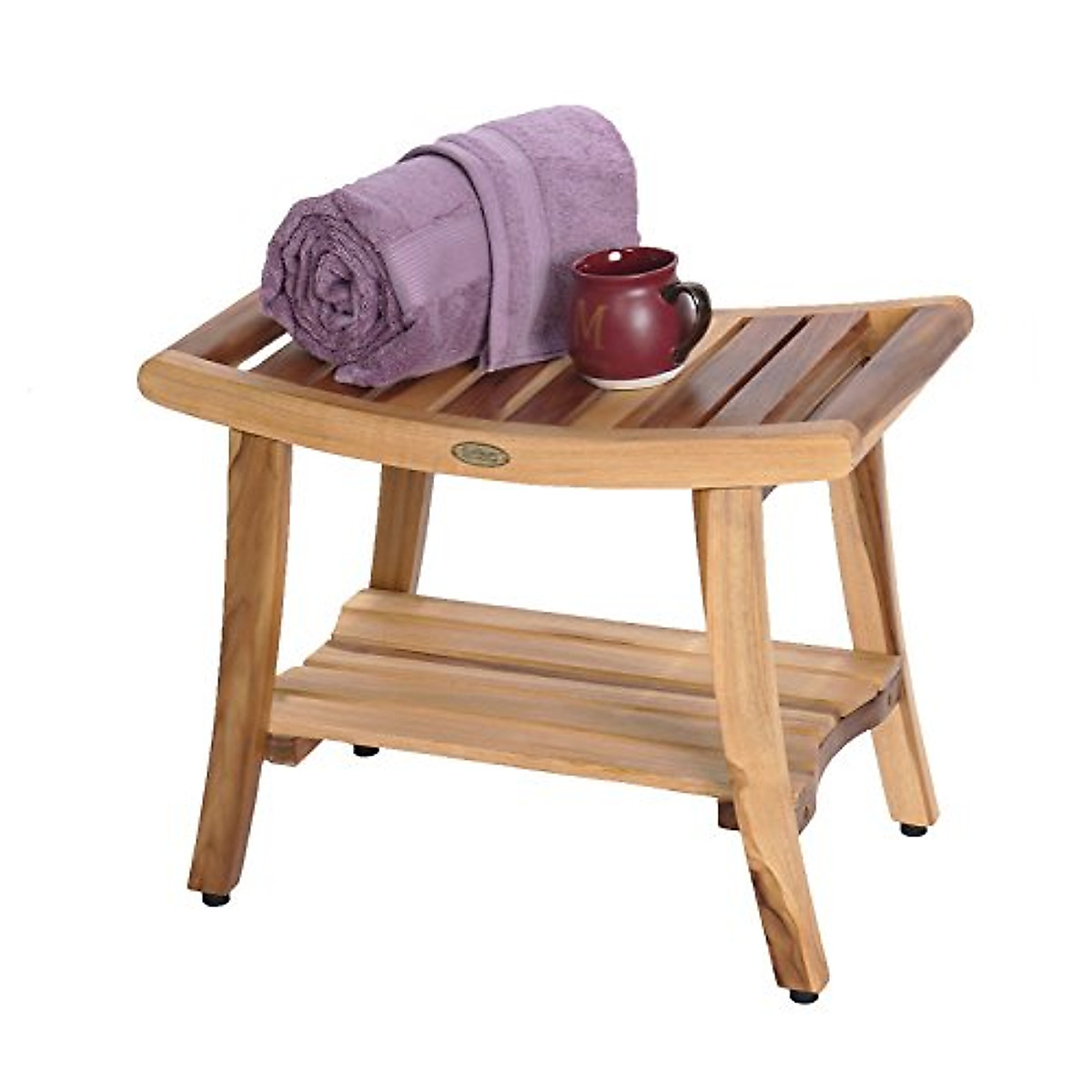 EcoDecors Harmony Teak Shower Bench Natural Wood Shower Bench with Shelf and LiftAide Arms 24" Shower Stool in Earthy Teak Finish