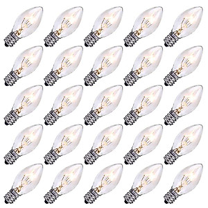 SUNSGNE 25 Pack C7 Clear Replacement Bulbs Christmas Light Bulbs, Outdoor Patio String Light Bulbs, C7 Night Light Replacement Bulbs, E12/C7 Candelabra Base, 5 Watt- Clear
