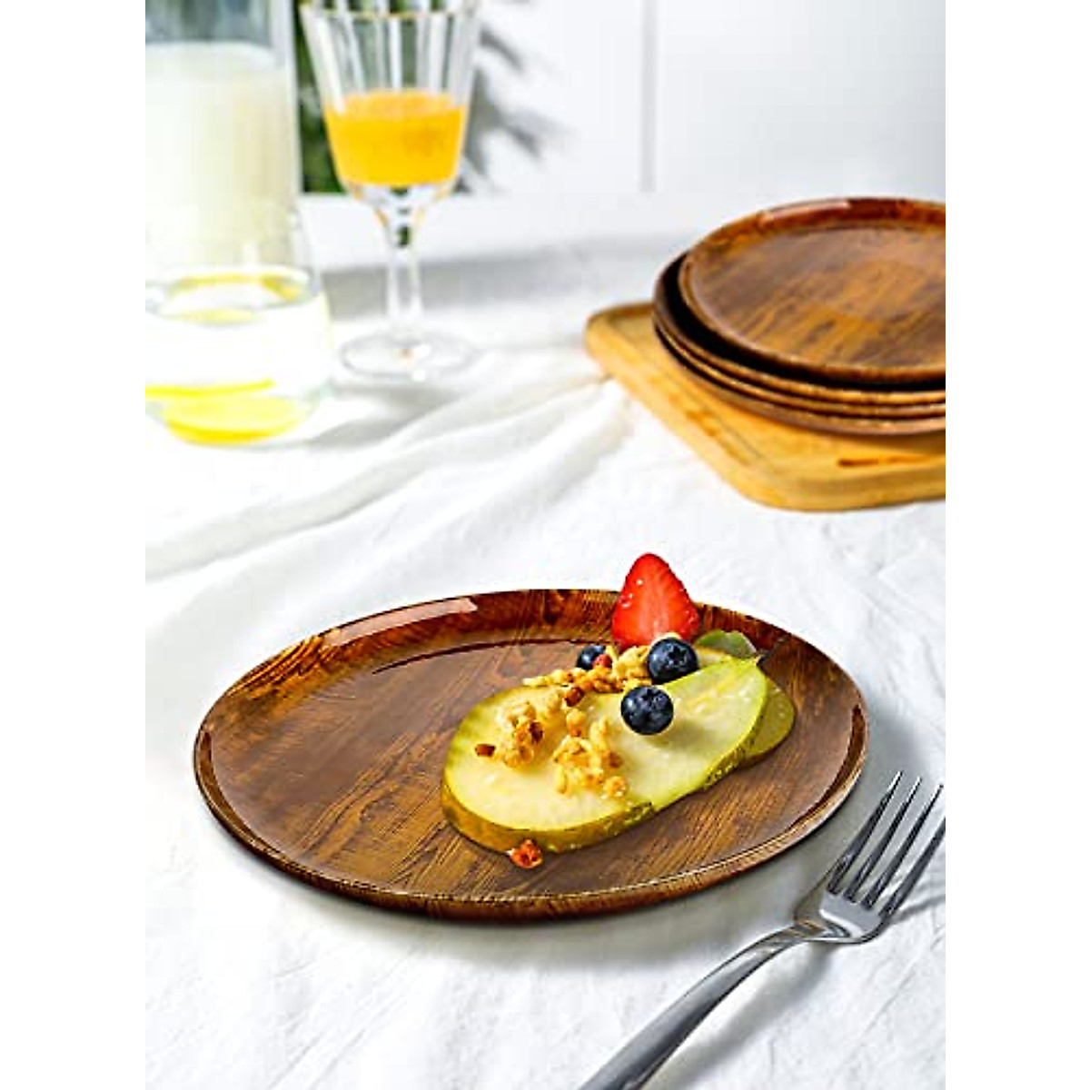 Sweese Dessert Plates Porcelain Round Salad Plates Set - 8 Inches Set of 4- Woodgrain Microwave Safe Wood Look Dishes for Housewarming Gift