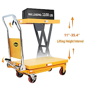 APOLLOLIFT Hydraulic Lift Table, 1100lbs Capacity 35.4" Lifting Height, Single Scissor Lift Table Cart with 4 Wheels and Safety Back Guard for Material Handling and Transportation
