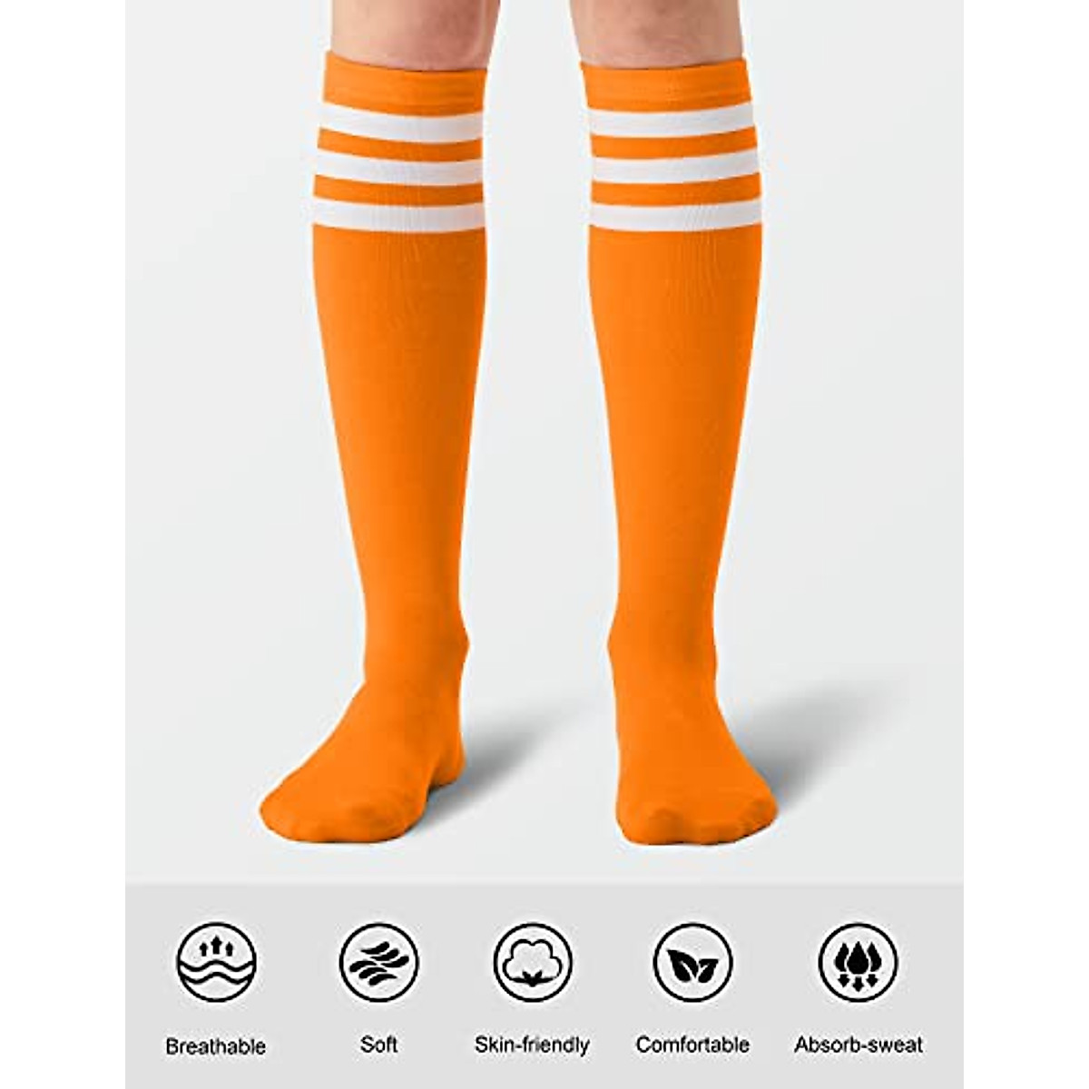 Joulli Women's Knee High Athletic Socks Stripe Tube Outdoor Sport Socks 3 Pairs, Orange