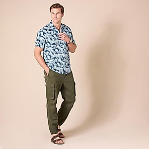 Amazon Essentials Slim-Fit Men's Short Sleeve Button Down Shirt, Aqua Blue Navy Palm Leaf Design, XX-Large