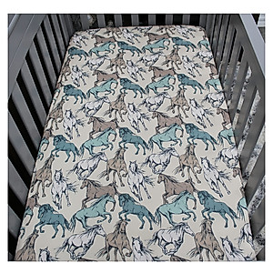 Dear Baby Gear Deluxe Crib Sheet Cotton Polyester Crib Sheets, Soft Machine-Washable Crib Mattress Sheet, Baby Bed Sheets - Tan Teal and Cream Horses on Natural Print, 52"x28"x10"