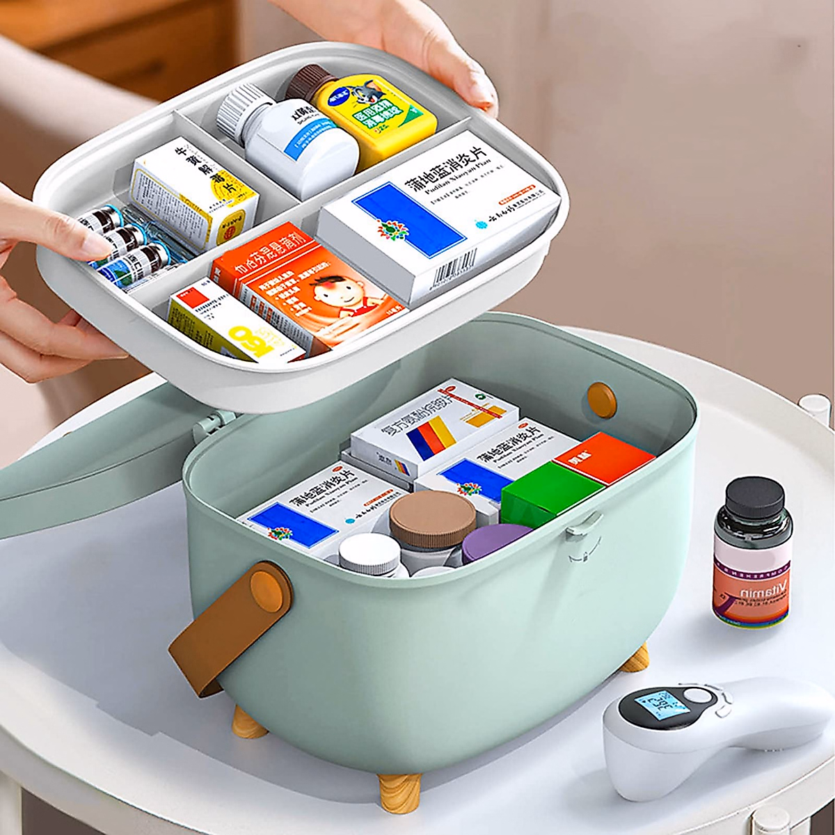 BigKing Oval Medicine Storage Box, Plastic Medicine Storage Box Oval Double Layers Multi Grid Large Capacity Medical Box Organizer for Home Dorm(Light fir Green)