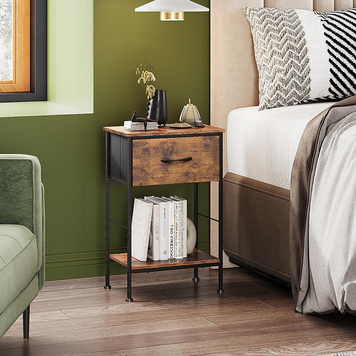 WLIVE Nightstand, Bedside Side Table for Bedroom, Dorm with Steel Frame, Night Stand End Table with Fabric Storage Drawer, Easy Assembly, Rustic Brown Wood Grain Print, 11.73''D 15.67''W 25.03" H