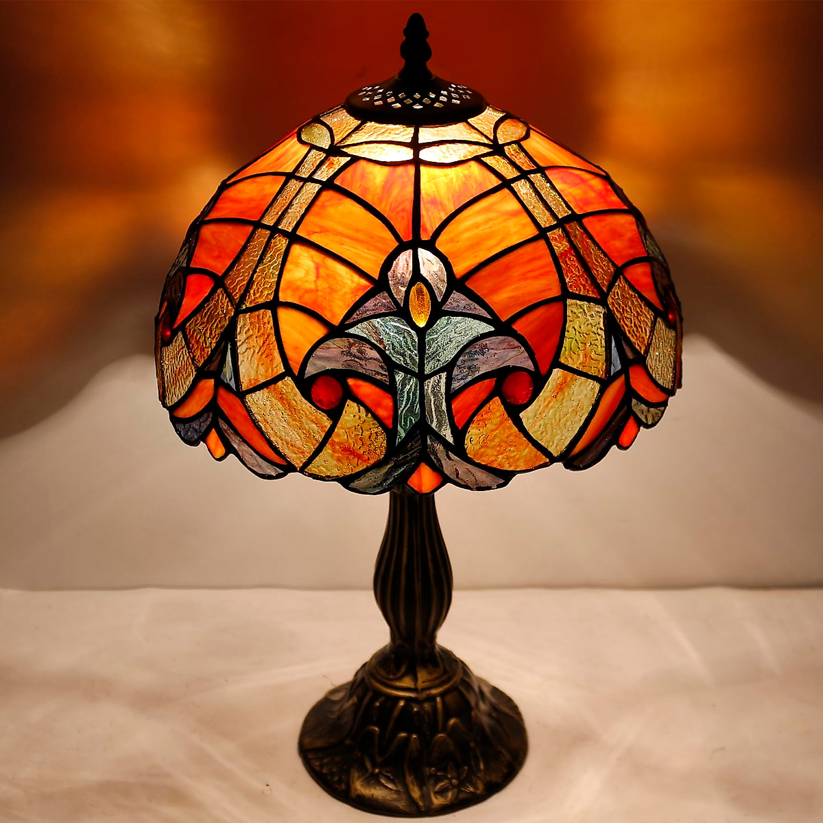 WERFACTORY Tiffany Lamp Red Liaison Stained Glass Table Lamp Desk Bedside Reading Light 12X12X18 Inches Decor Bedroom Living Room Home Office S160R Series