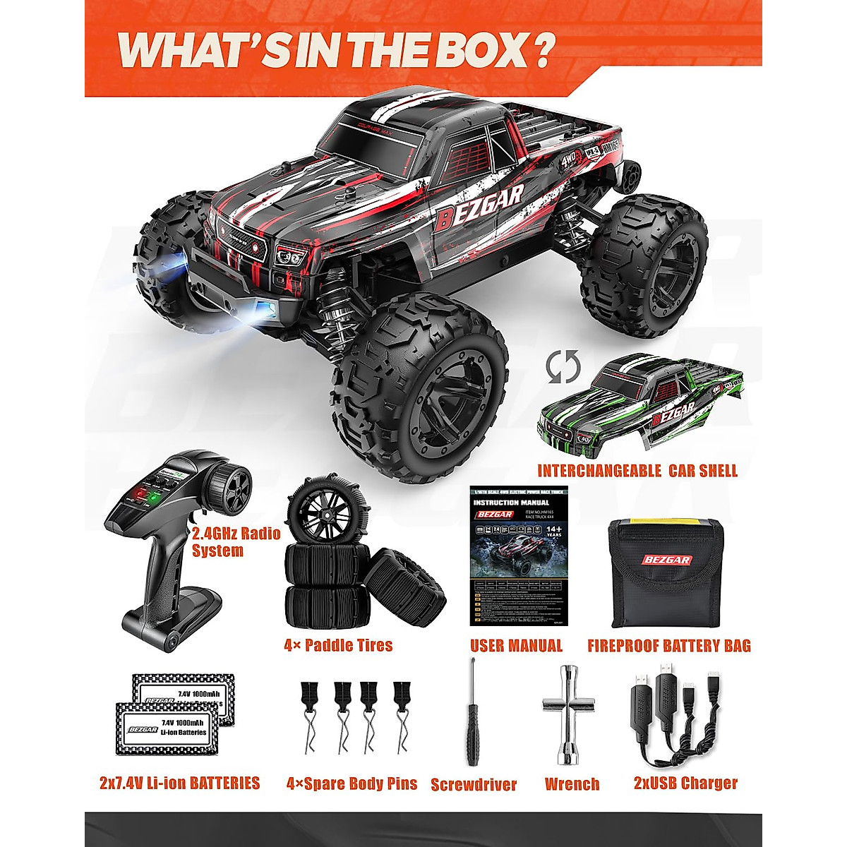 BEZGAR HM165 Brushless Hobby Grade 1:16 Scale Remote Control Truck - 2.4GHz High Speed 52kmh All Terrains Off Road RC Truck 4WD Car Crawler with 2 Rechargeable Batteries for Boys Kids and Adults