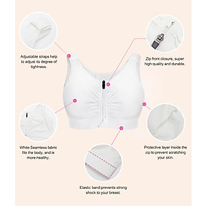 BRABIC Zip Front Closure Everyday Bra for Women Post Surgery Compression Support with Adjustable Straps Wirefree (Medium, White)