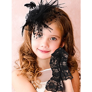 Sintege Fascinators Hat for Girl Tea Party Lace Gloves Black Cocktail Veil Mesh Feathers Hair Clip for Kids Halloween (Cute Style)