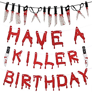 4 Pieces Halloween Vampire Party Decorations Supplies Have A Killer Birthday Banner Halloween Knife Hanging Banner for Halloween Horror Themed Birthday Decorations