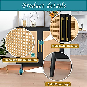 CARPETNAL Sideboard Buffet Cabinet, Modern Rattan Storage Cabinet with Double Doors and Adjustable Shelves, Accent Cabinet for Living Room, Bedroom, Hallway (Black)