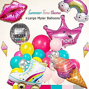 Kozee Pink Teal Balloon Garland Arch Kit with Hot Pink Silver Disco roller skate Balloon for princess theme Birthday Party Girl Summer by Beach Pool party decorations