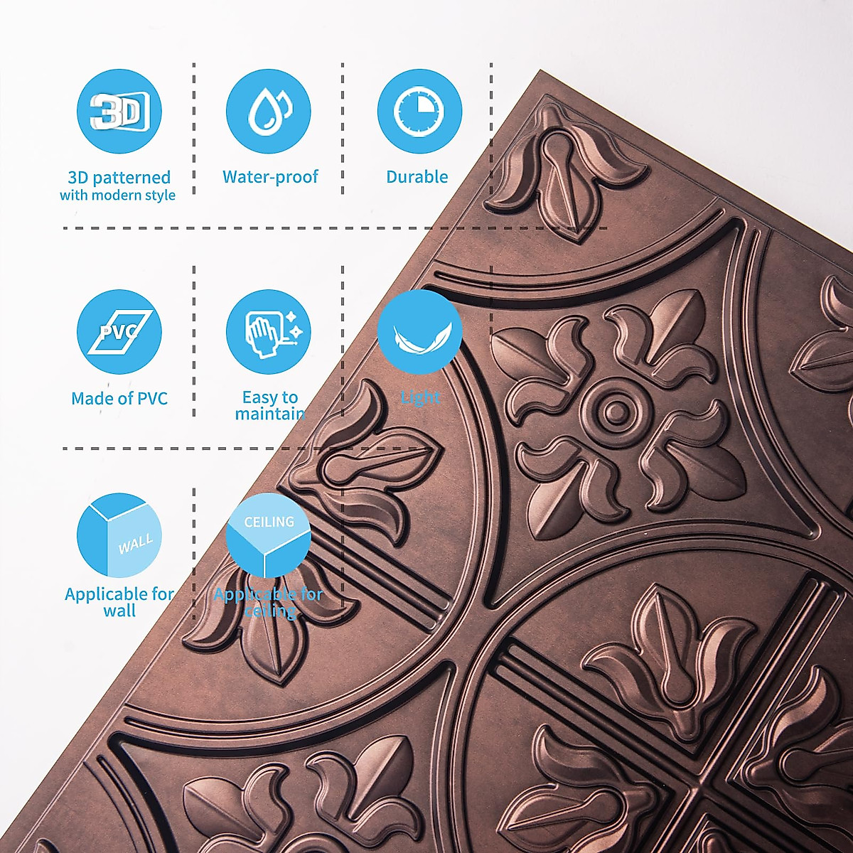 Art3d Drop Ceiling Tiles 2x2, Glue-up Ceiling Panel, Fancy Classic Style, Antique Copper