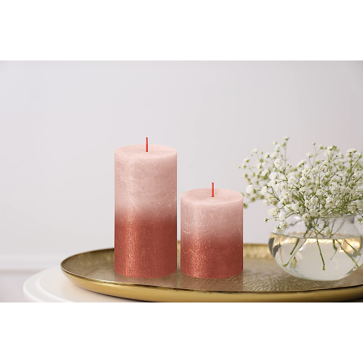 BOLSIUS 4 Pack Misty Pink/Amber Sunset Rustic Metallic Pillar Candles - 2.75 X 3.25 Inches - Fine European Quality - includes Natural Plant-Based Wax - Unscented Dripless Smokeless 35 Hour Candles