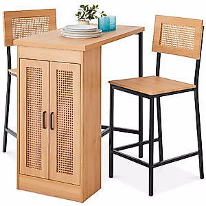 Best Choice Products 3-Piece Rattan Dining Set, Counter Height Boho Dining Table for Kitchen for 2, Dining Room w/Adjustable Storage Shelves, Cabinet Doors, Metal Frames
