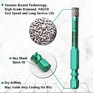 FACHLICH Porcelain Tile Drill Bits 1/4" Granite Drill Bits 10pcs 6mm Diamond Drill Bits Set with Quick Change Hex Shank for Granite Marble Tile Porcelain Ceramic