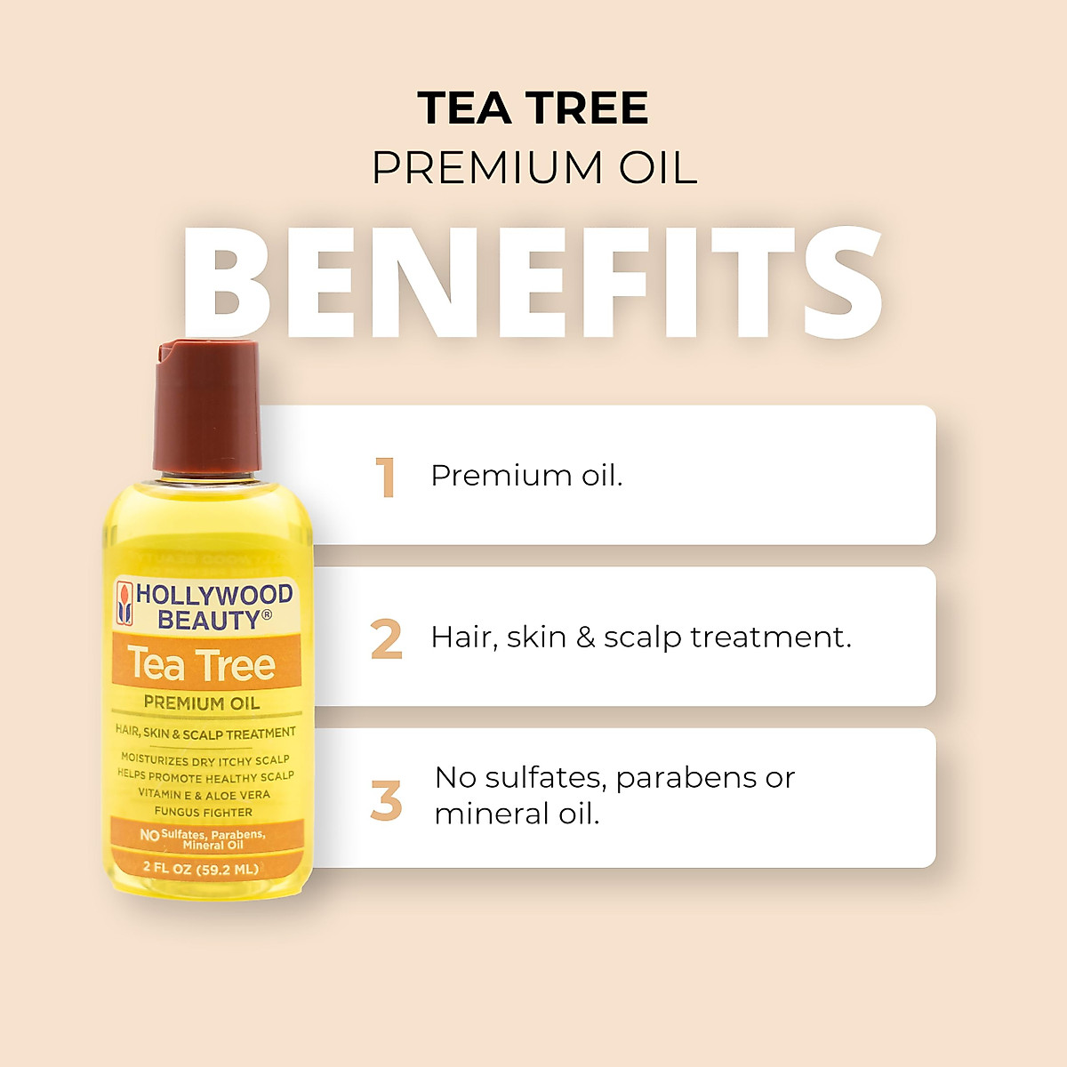 Hollywood Beauty Tea Tree Oil for Hair, Scalp, and Skin, 2 fl oz - Moisturizes Dry, Itchy Scalp, Fungus Fighter, Blended with Vitamin E & Aloe