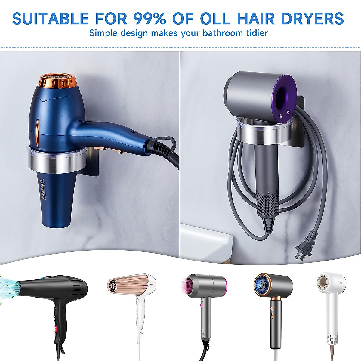 XILIMEN Hair Dryer Holder Wall Mounted, Bathroom Blow Dryer Holder, Stainless Steel Hair Blow Dryer Rack Organizer, Adhesive Hairdryer Holder for Bathroom Barber Shops, Hair Dryer Storage