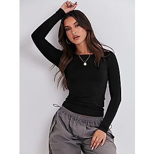 ANRABESS Women’s Long Sleeve Shirts Tight Fitted Going Out Crop Tops Crewneck Basic Tee Y2k Outfits Teens Girls Clothes Black L