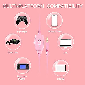 Gaming Headset for PS5,PS4,Xbox,PC, Kids Headphones with Mic for School Supplies,Pink Headphones Wired for Girls,Headset for Nintendo Switch,Pink Headset (Pink)