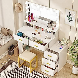 PAKASEPT Vanity Set with Lighted Mirror, Modern Makeup Vanity Dressing Table with 12 LED Bulbs & Power Outlet, Vanity Desk with 5 Drawers, Storage Stool for Bedroom (White)