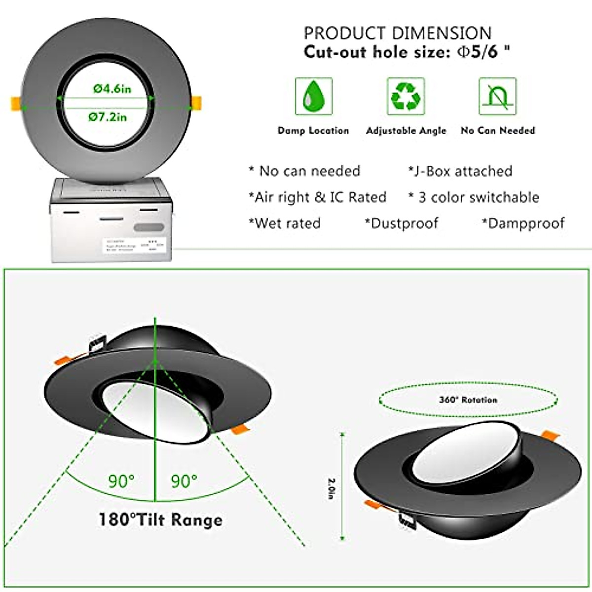bulbeats 12Pack 𝗠𝗲𝘁𝗮𝗹 6 Inch Gimbal LED Recessed Lighting, Recessed Lighting 6 inch 12W 1200LM Super Bright Angled Recessed Lighting 3000K/4000K/5000K Directional Downight