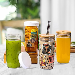 [ 4 Pack ] Glass Cups Set - 24oz Mason Jar Drinking Glasses w Bamboo Lids & Straws & 2 Airtight Lids - Cute Reusable Boba Bottle, Iced Coffee Glasses, Travel Tumbler for Bubble Tea, smoothie, Juice