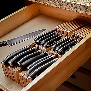 In-Drawer Bamboo Knife Block - Holds 14 Knives Plus a Slot for your Knife Sharpener, Premium Knife Drawer Organizer, Perfect Knife Organizer Drawer Insert or Drawer Knife Holder (2" tall, 17" deep)