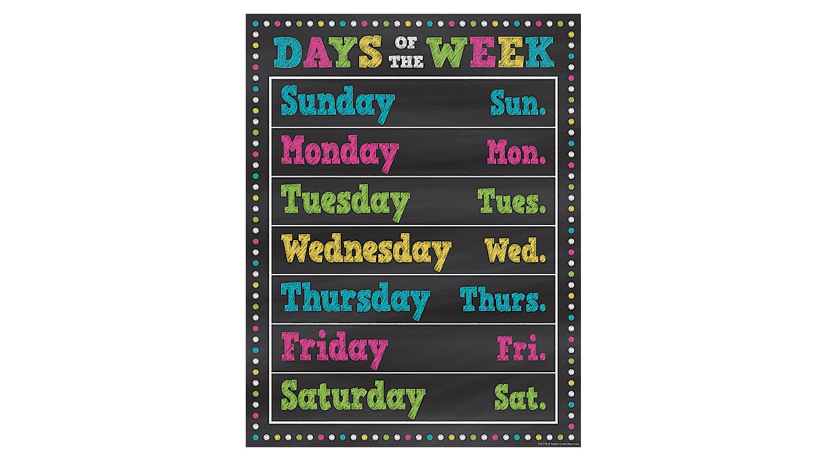Days of the Week Chart for Classroom & Homeschool - Bright & Durable