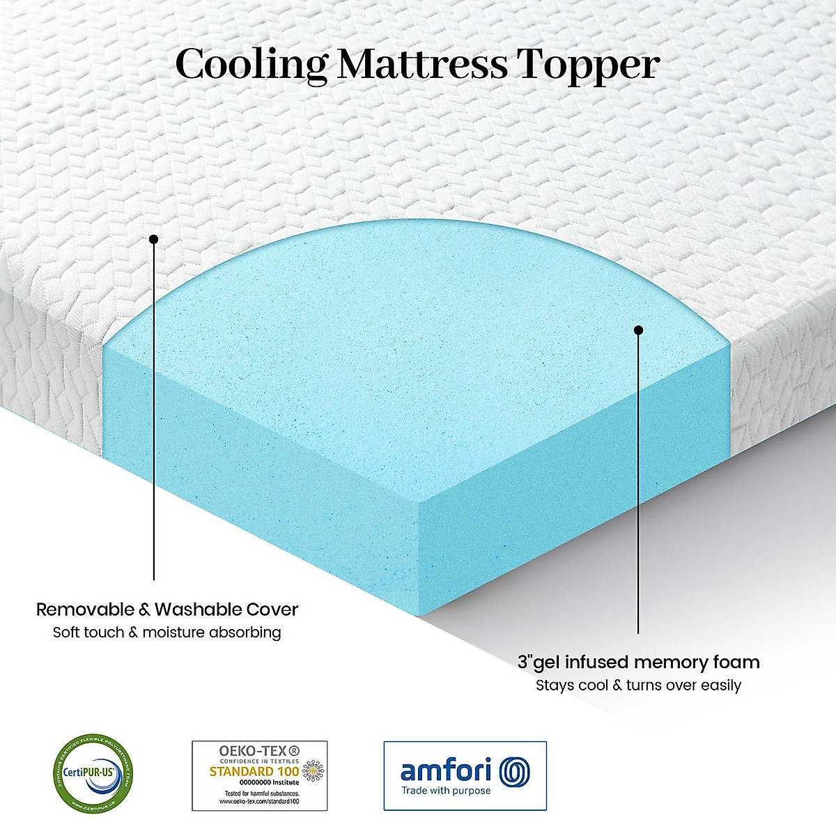 3 Inch Gel Memory Foam Mattress Topper Twin Size, Cooling Bed Topper with Removable Bamboo Soft Cover, CertiPUR-US Certified