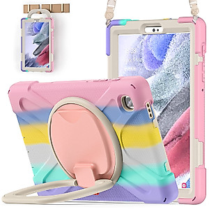 BATYUE Case for Samsung Galaxy Tab A7 Lite;Galaxy Tab A7 Lite Case 8.7 inch 2021 Released( SM-T220/SM-T225)Protective Case for Kids with Pencil Holder,360° Swivel Stand,Shoulder Strap - Colourful Pink