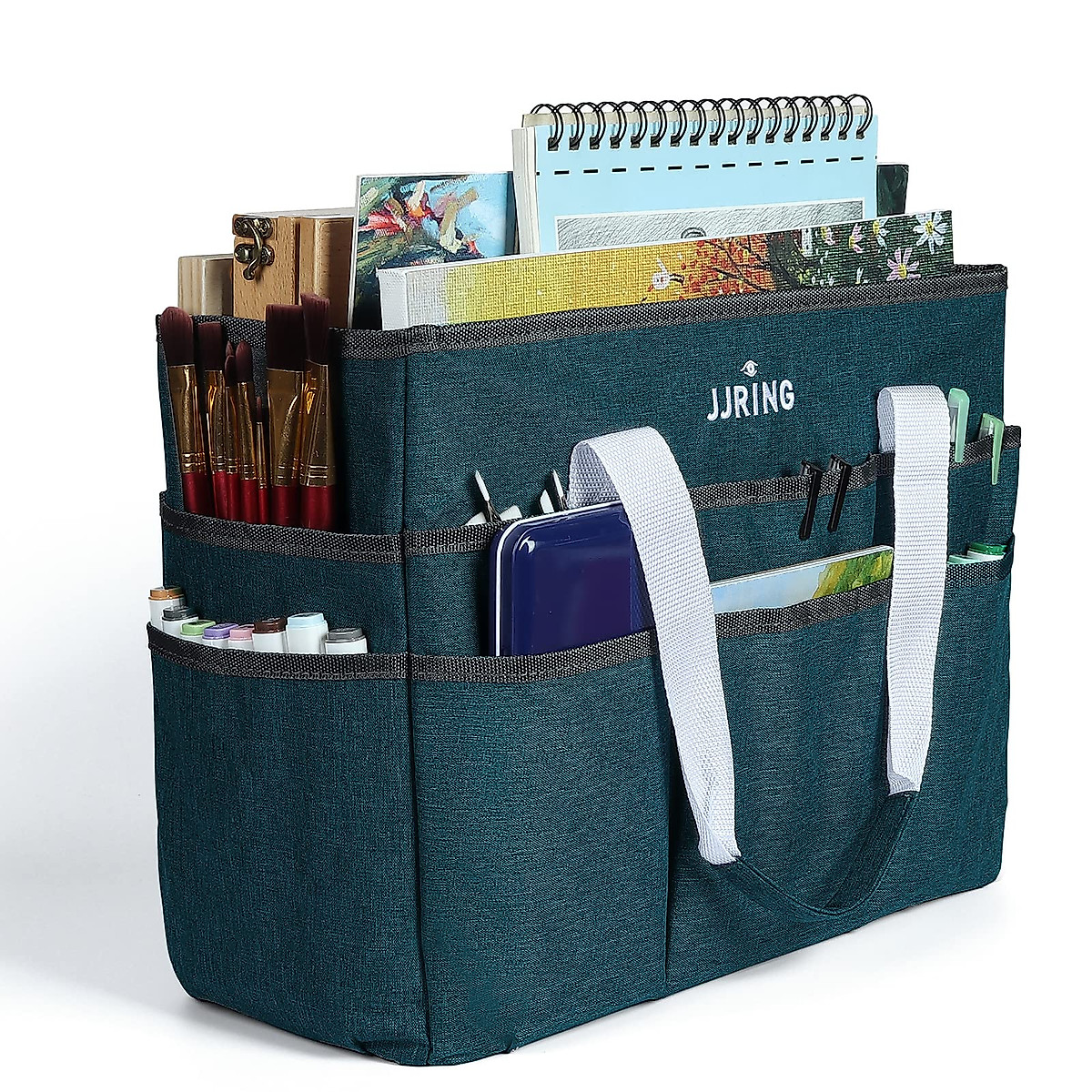 Jjring Craft Organizer Tote Bag, Large Art Storage Caddy with Multiple Pockets, Bluish Green Sewing Bag for Art, Craft, Scrapbooking, School, Medical, and Office Supplies Storage