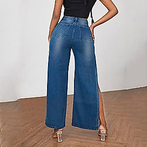 SCOMCHIC Womens Casual High Waist Ripped Side Slit Jeans Butt Lift Distressed Stretchy Wide Leg Denim Jeans Blue L