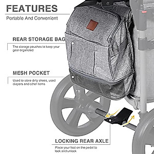 EVER ADVANCED Foldable Wagons for Two Kids & Cargo, Collapsible Folding Stroller with Adjustable Handle Bar,Removable Canopy with 5-Point Harness Gray