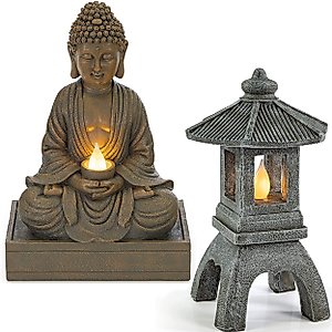 VP Home Tranquil Pagoda & Glowing Serenity Meditative Buddha Solar Powered Flickering LED Outdoor Decor Garden Light