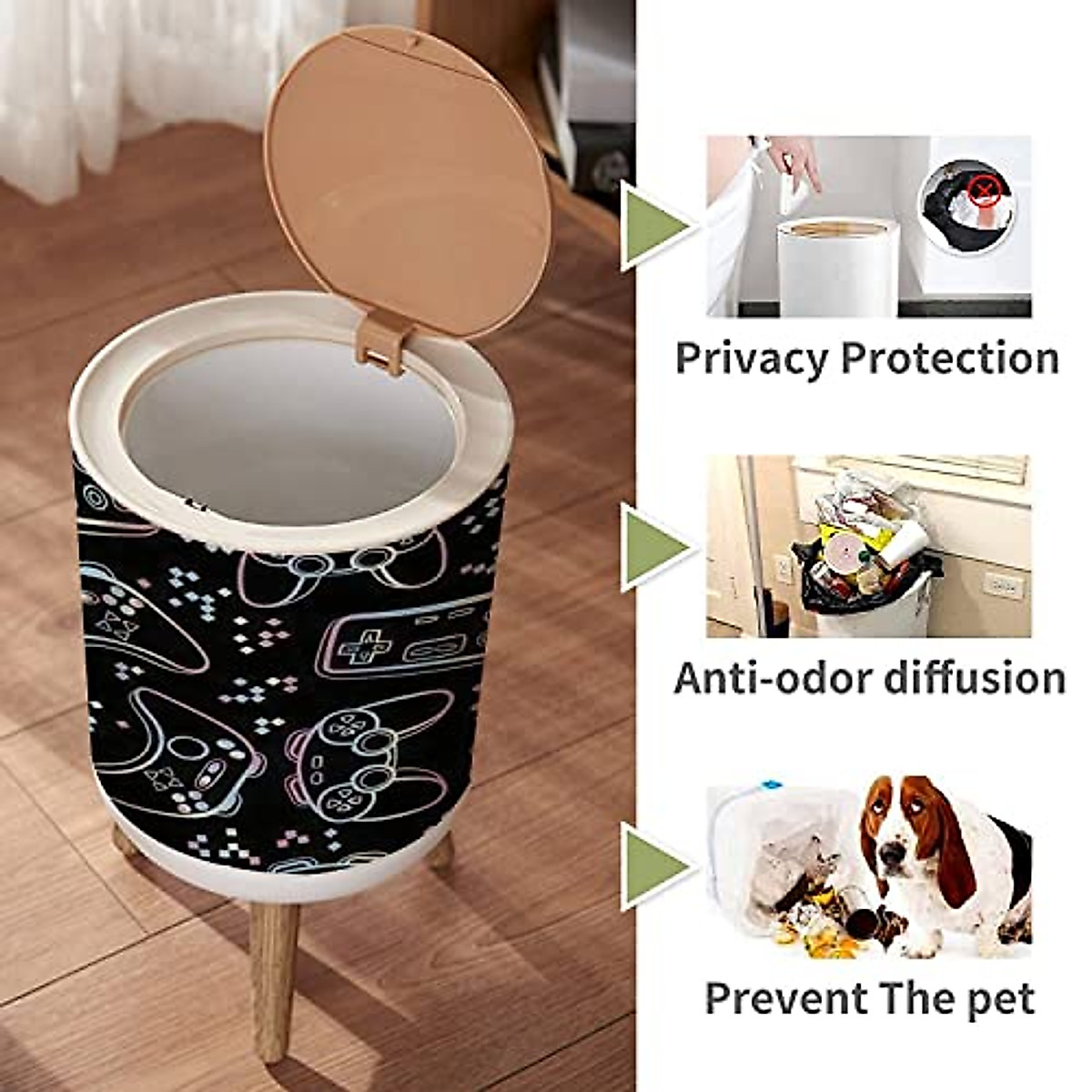 IBPNKFAZ89 Small Bathroom Bedroom Trash Can with Lid joysticks Gaming Cool Cute Kawaii Garbage Wood Waste Bin Press Cover Round Wastebasket for Kids Boys Kitchen Nursery 7L/1.8 Gallon, 8.66x14.3inch