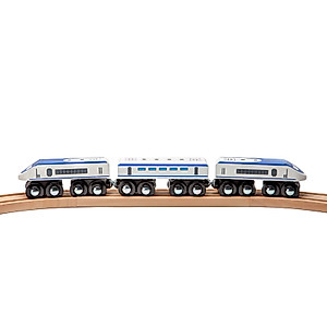 maxim enterprise, inc. Express Train Set, Bullet Train for Wooden Train Track, Train Set of 2 Engines & 1 Passenger Car, Compatible with Thomas and Friends, Brio & Other Major Brand Wooden Railways