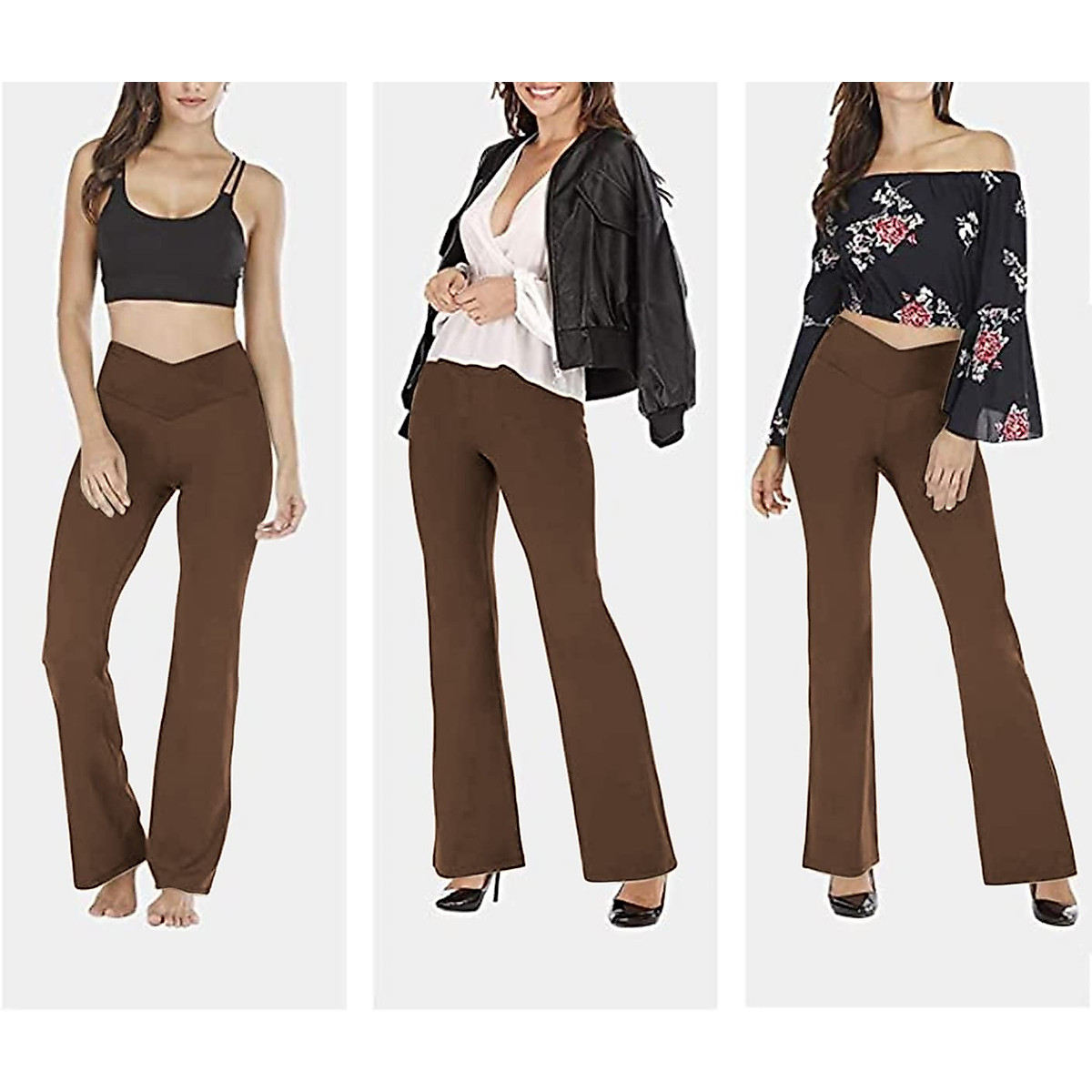 TOPYOGAS Women's Casual Bootleg Yoga Pants V Crossover High Waisted Flare Workout Pants Leggings Brown