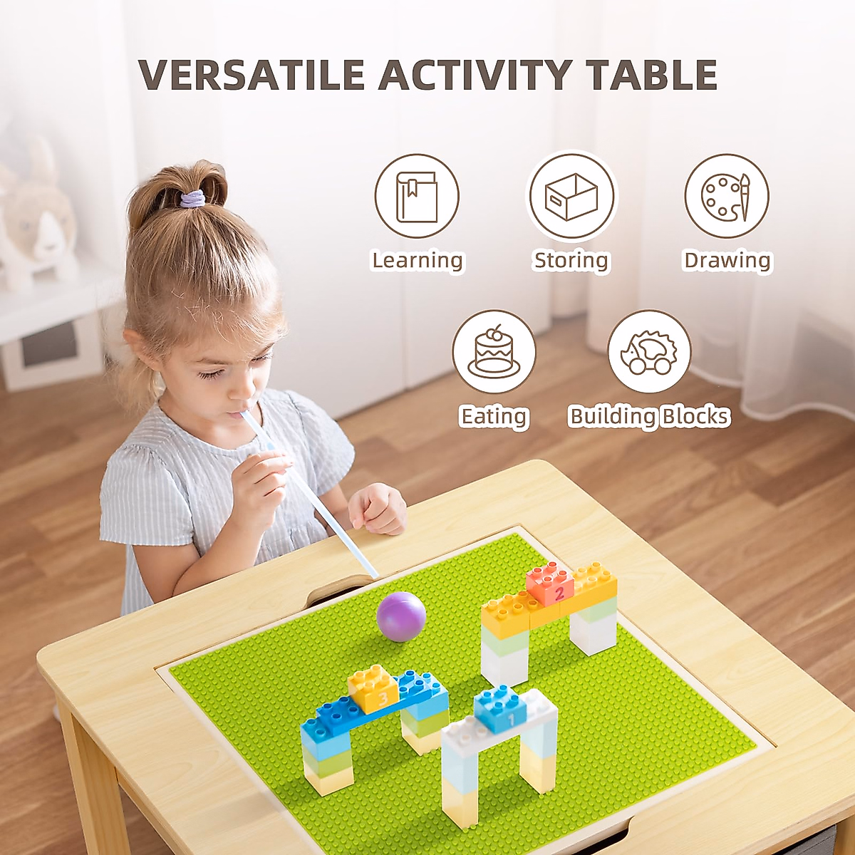 OOOK Wooden Kids Building Block Table with Storage, Toddler Activity Table Gives Children A Space for Their Daily Life and Creativity, Nice Kids Play Table for Kids Room, Nursery, Classroom