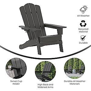 Flash Furniture Newport Adirondack Chair with Cup Holder, Weather Resistant Poly Resin Adirondack Chair, Gray