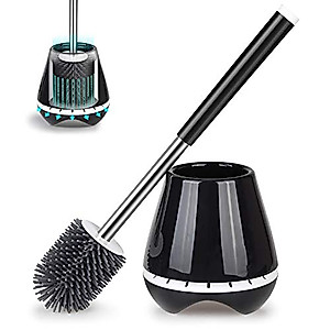 MEXERRIS Toilet Brush and Holder Set Stainless Steel with Soft Silicone Bristle, Sturdy Cleaning Toilet Bowl Brush Set for Bathroom Storage Organization - Tweezers Included (Black)