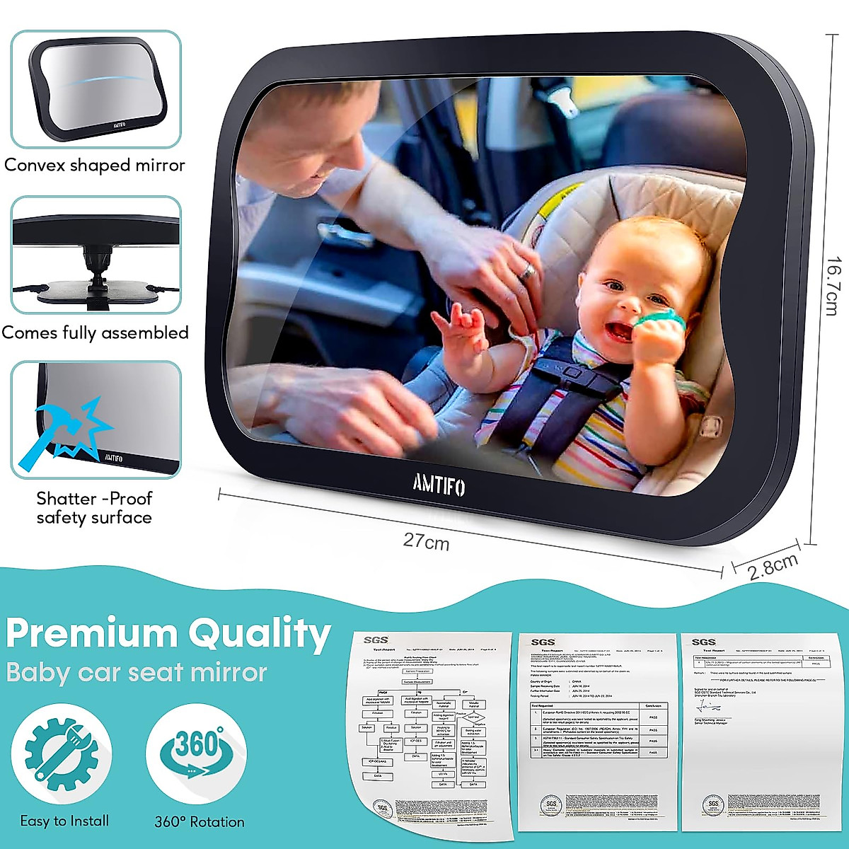 Baby Car Mirror for Rear-Facing Seat - Shatterproof & No-Shake Design,Wide-Angle View,Easy Install 360° Adjustable,Infant and Toddler Travel Essential,by AMTIFO