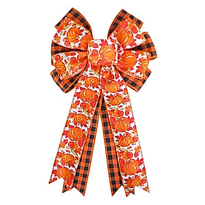 Fall Wreath Bows, Autumn Bow Orange Buffalo Plaid Pumpkin Wreath Bow for Fall Bows Knot Thanksgiving Dinner Party Fireplace Christmas Halloween Home Garden Party Decor